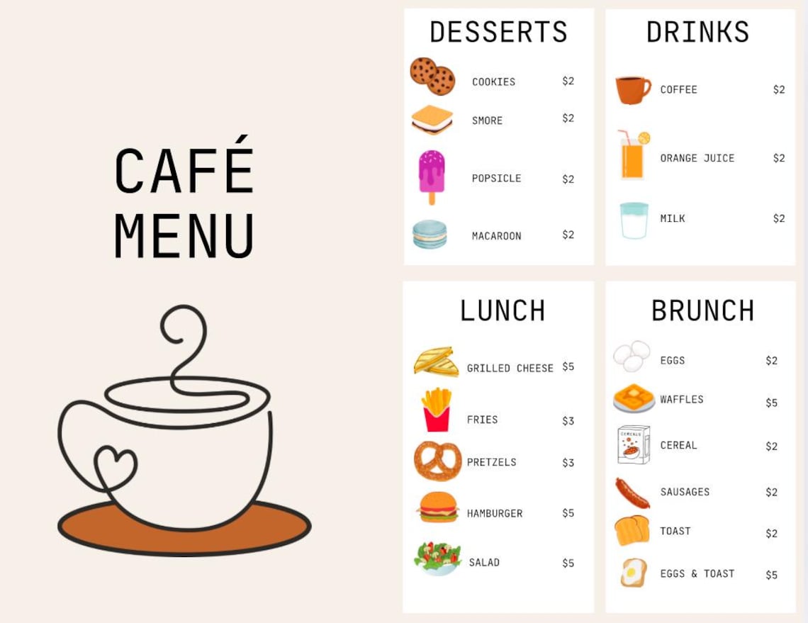 Café Menu Pretend Play Printable - Etsy