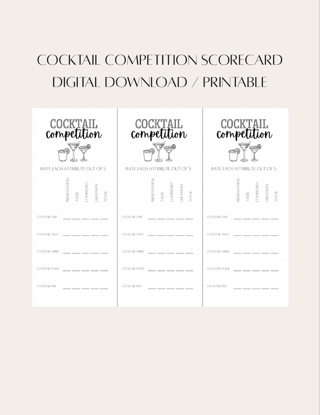 Cocktail Competition Score Card, Party Game (digital Download) - Etsy