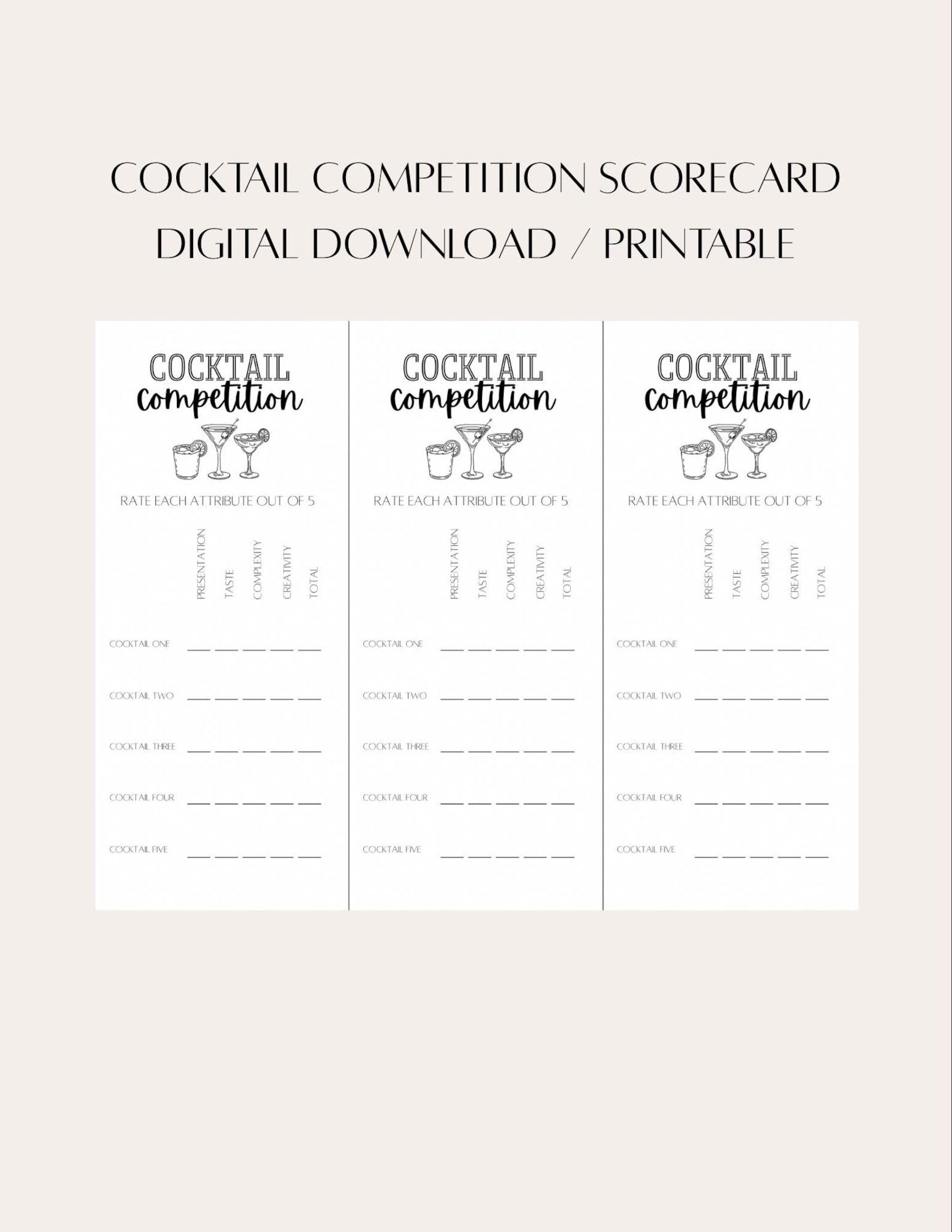 Cocktail Competition Score Card, Party Game (digital Download) - Etsy