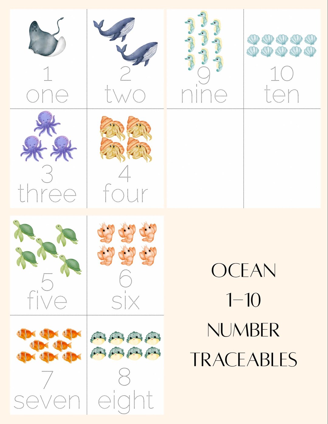 Ocean Traceable Number Cards 1-10 - Etsy