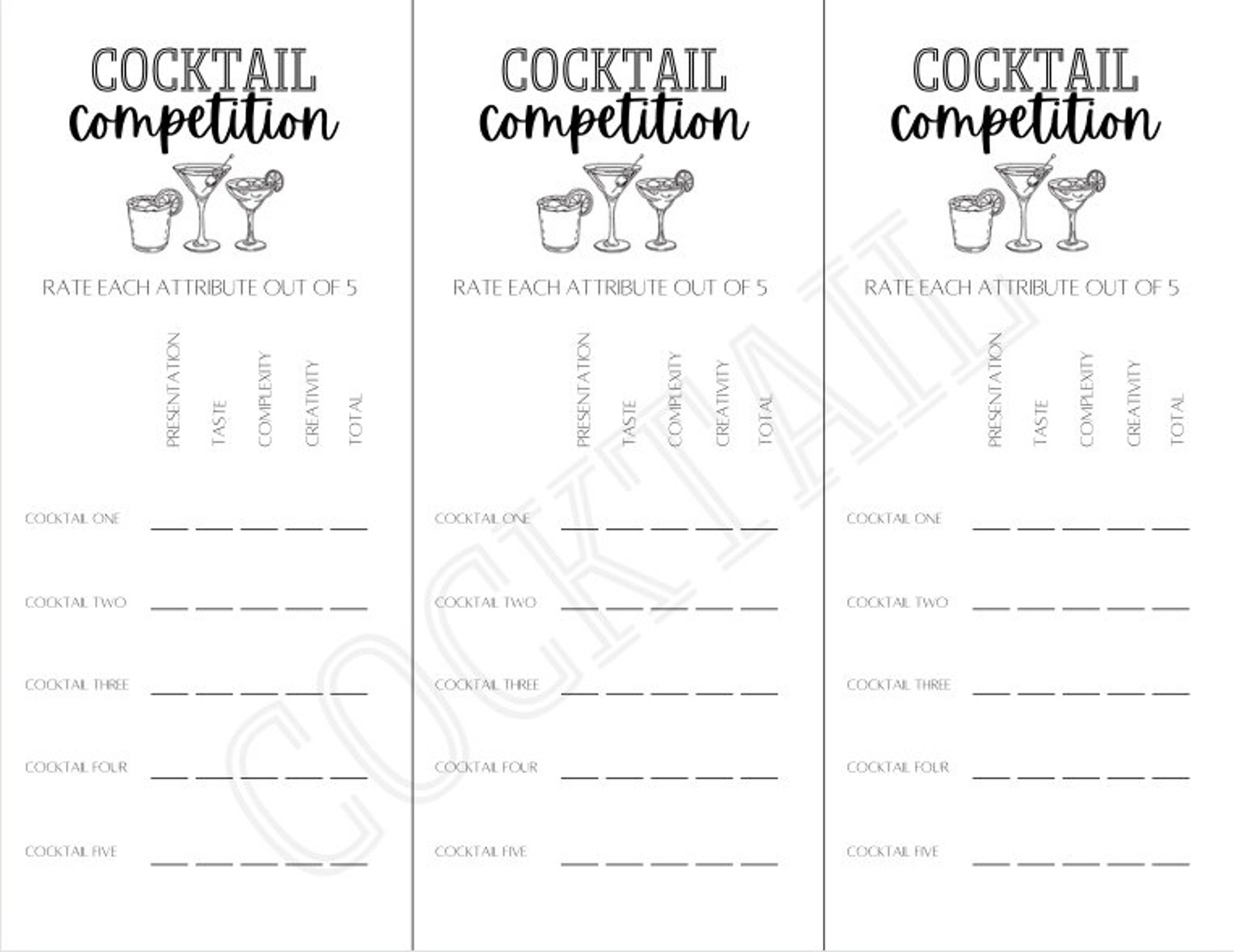 Cocktail Competition Score Card, Party Game (digital Download) - Etsy