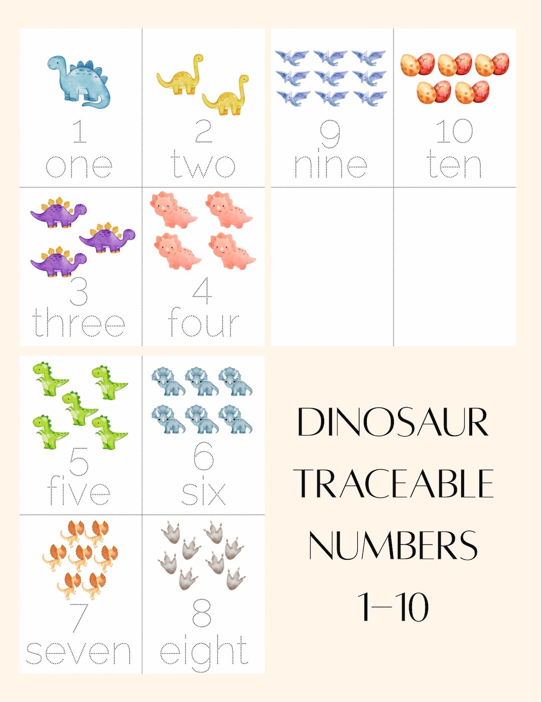 Dinosaur Traceable Number Cards 1-10 - Etsy