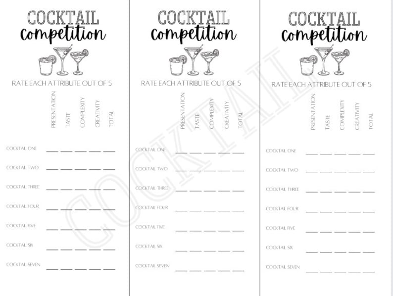 Cocktail Competition Score Card, Cocktail Competition Score Sheet ...
