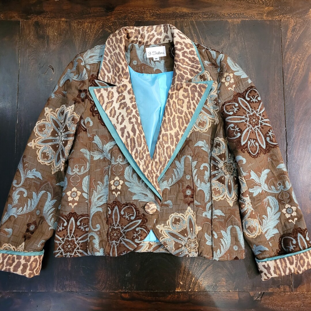 Vintage 3 Sisters Floral Tapestry Blazer With Leopard Print Details - Etsy