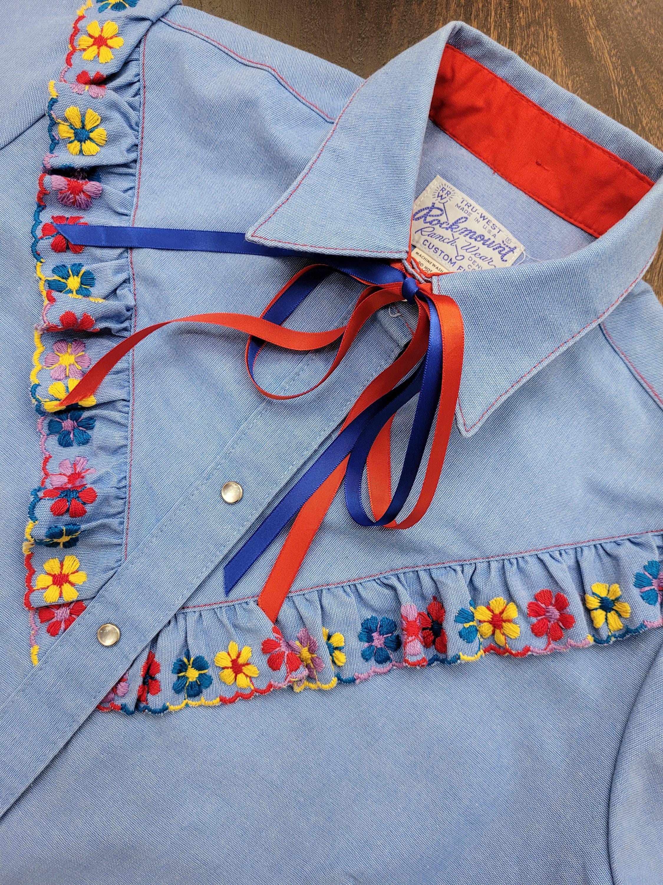 Vintage 70s Rockmount Ranch Wear Embroidered Frill Shirt Size S Western ...