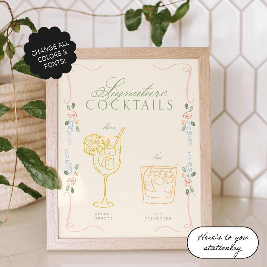 Signature Drinks Sign Template, Custom Cocktails, Bar Sign, Hand Drawn ...