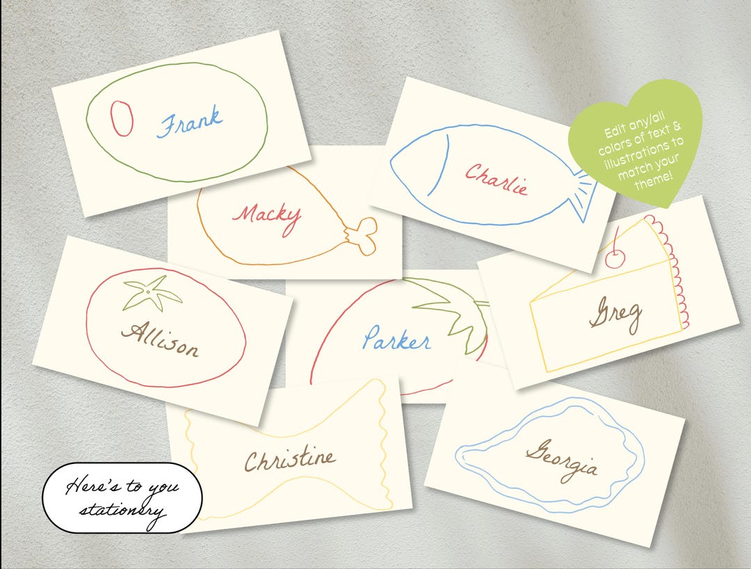 Editable Hand Drawn Name Card Template, Colorful Place Cards, Food ...