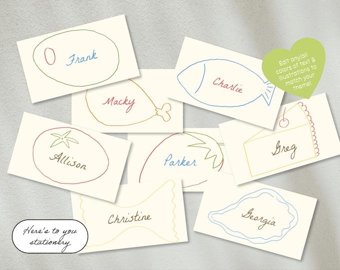 TABLE PLACE CARDS Template | Hand Drawn Illustrations | Whimsical Name ...
