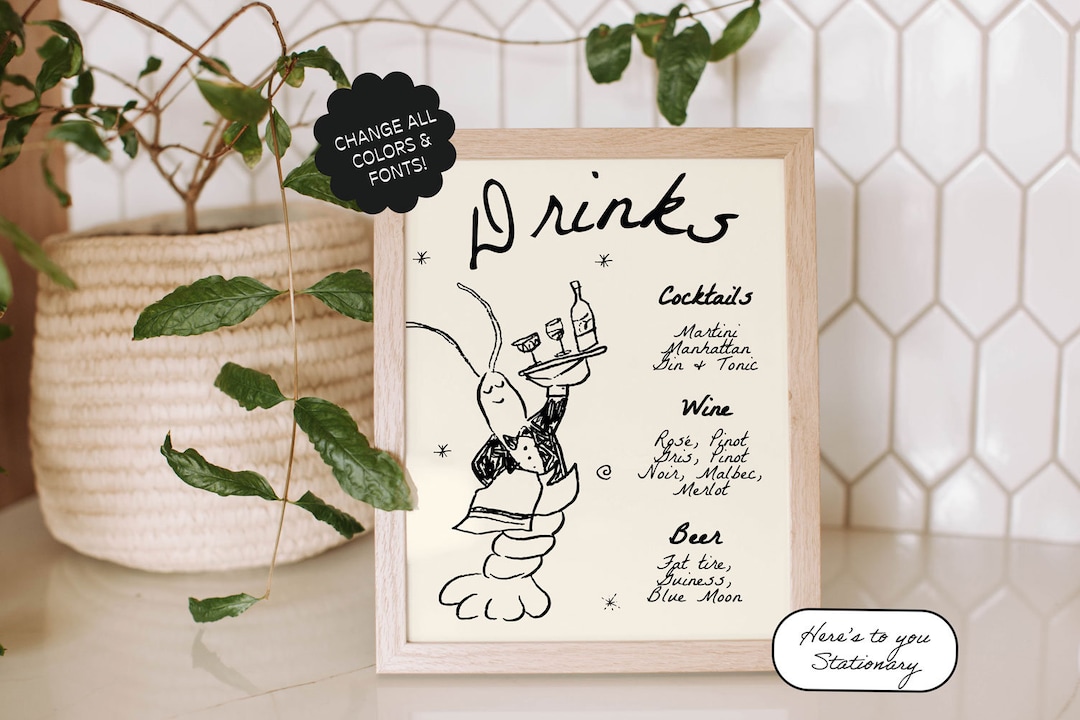Whimsical Bar Menu Template, Lobster Butler, Hand Drawn, Signature ...