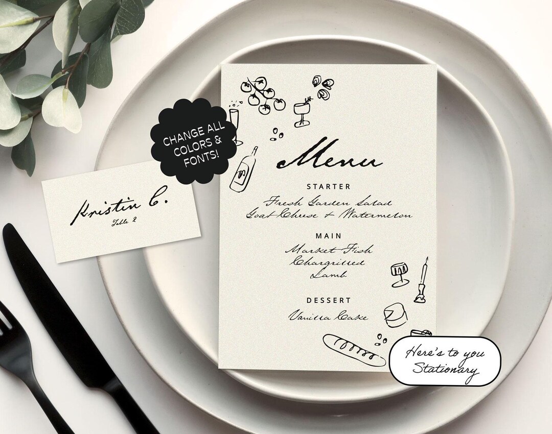 Editable Hand Drawn Menu Template, Place Card, Dinner Invite ...