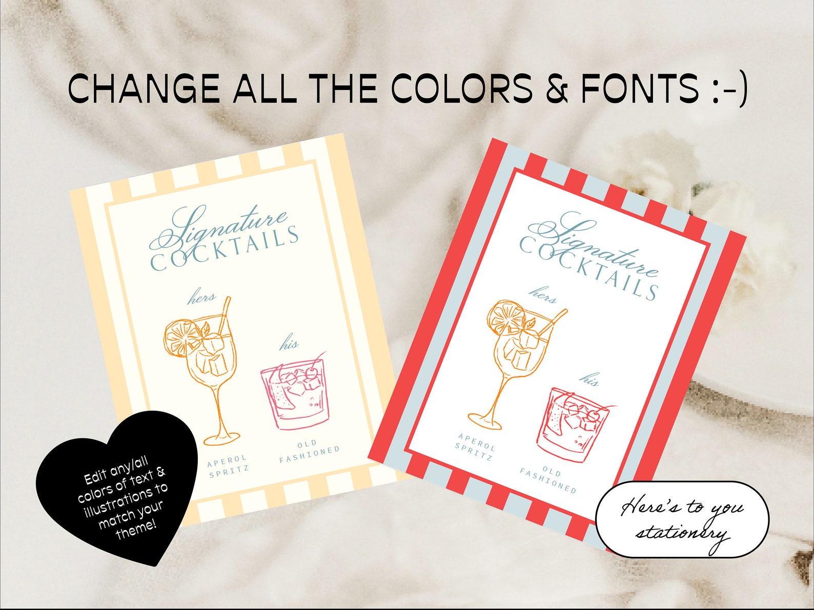 Signature Drinks Sign Template, Custom Cocktails, Pinstripes, Hand ...
