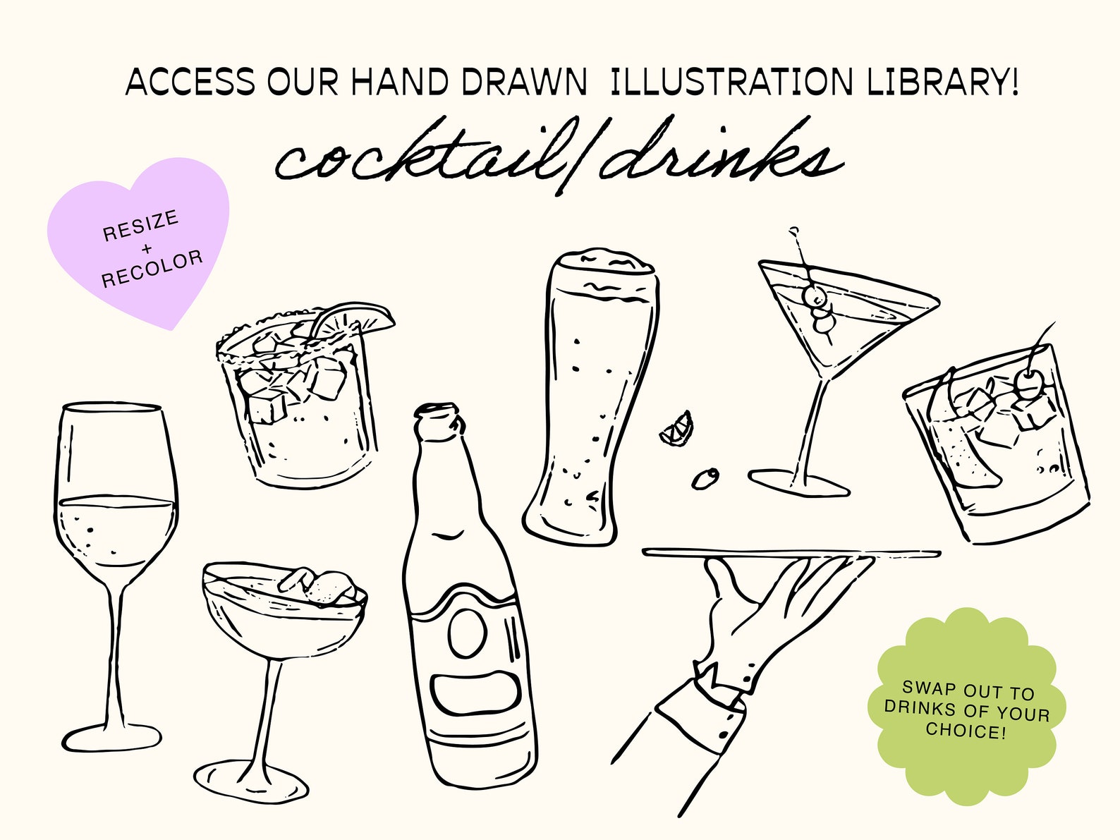 Signature Drinks Sign Template, Custom Cocktails, Pinstripes, Hand ...