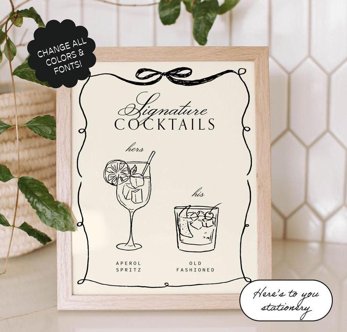 Signature Drinks Sign Template, Hand Drawn, Custom Cocktail ...