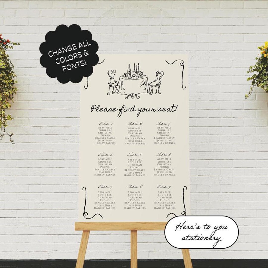 Seating Chart Sign Template, Event Sign, Hand Drawn, French Style ...