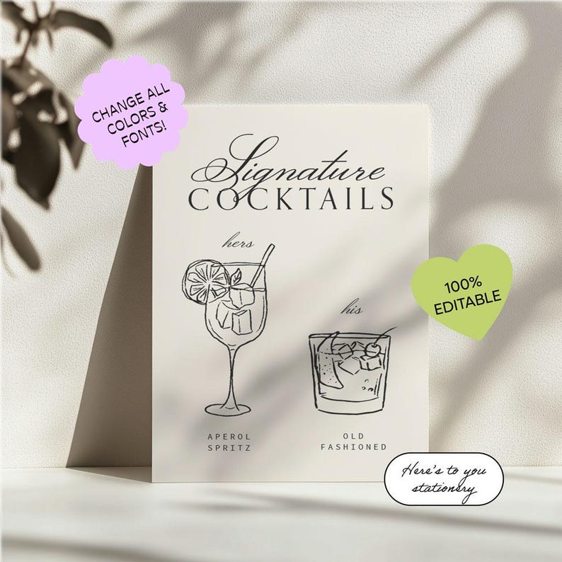 SIGNATURE DRINKS SIGN Template, Hand Drawn Cocktails, Quirky Bar Sign ...