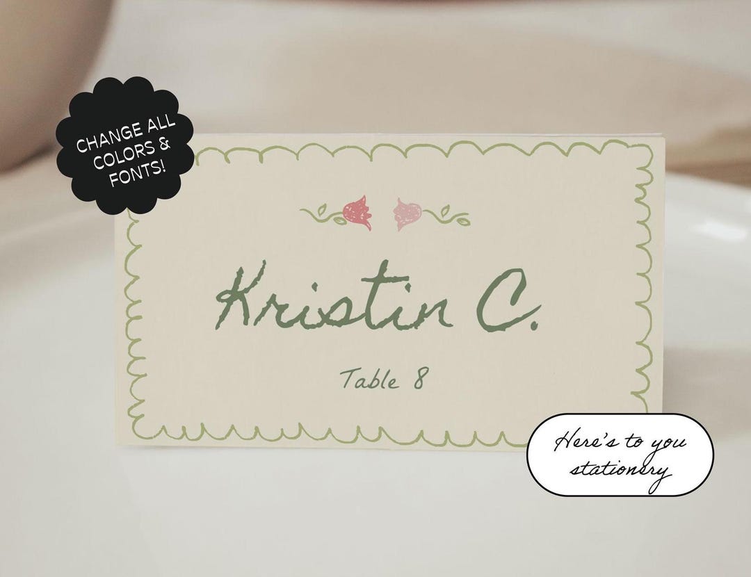 Whimsical Name Card Template, Floral Place Card, Wedding Place Card ...
