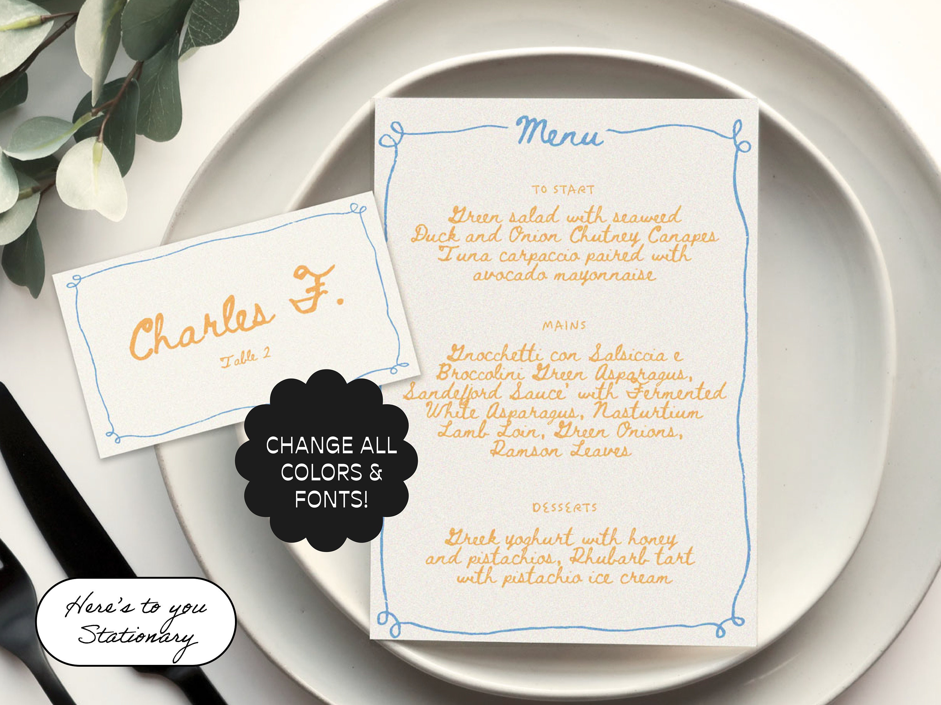 Editable Hand Painted Menu Name Card Template Colorful - Etsy