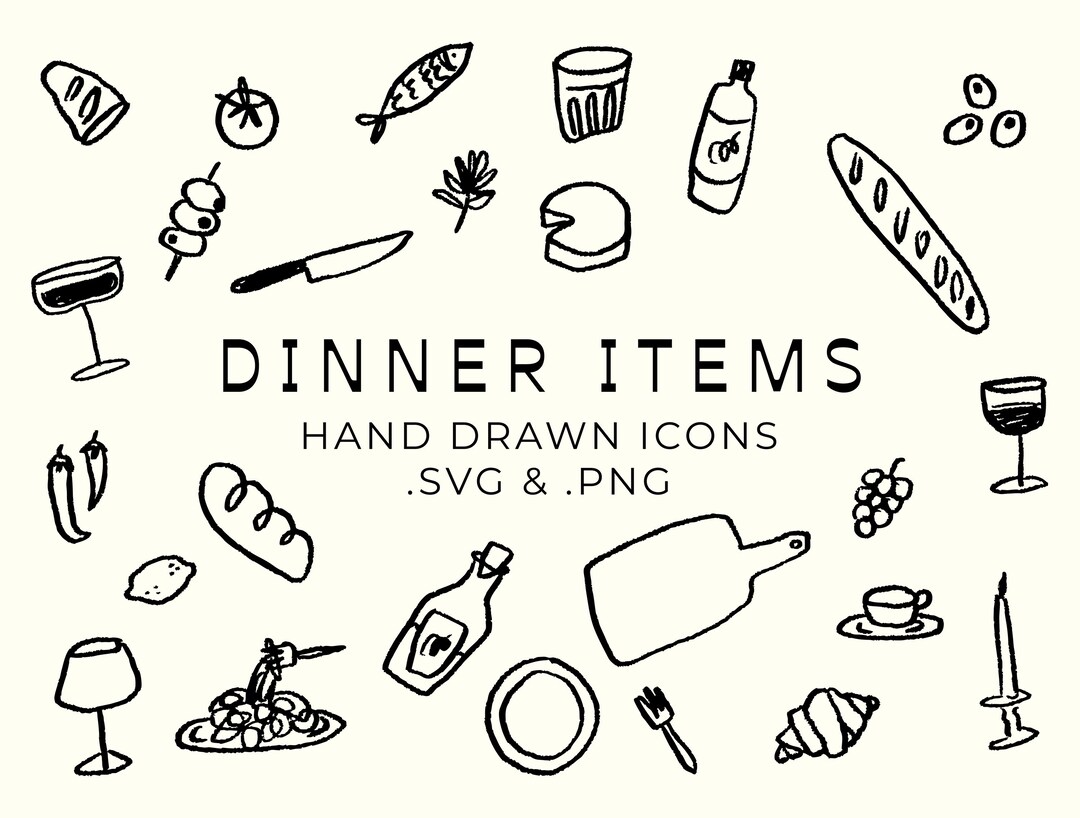 Hand Drawn Dinner Icons, Wedding Clip Art, Illustration, SVG PNG Bundle ...