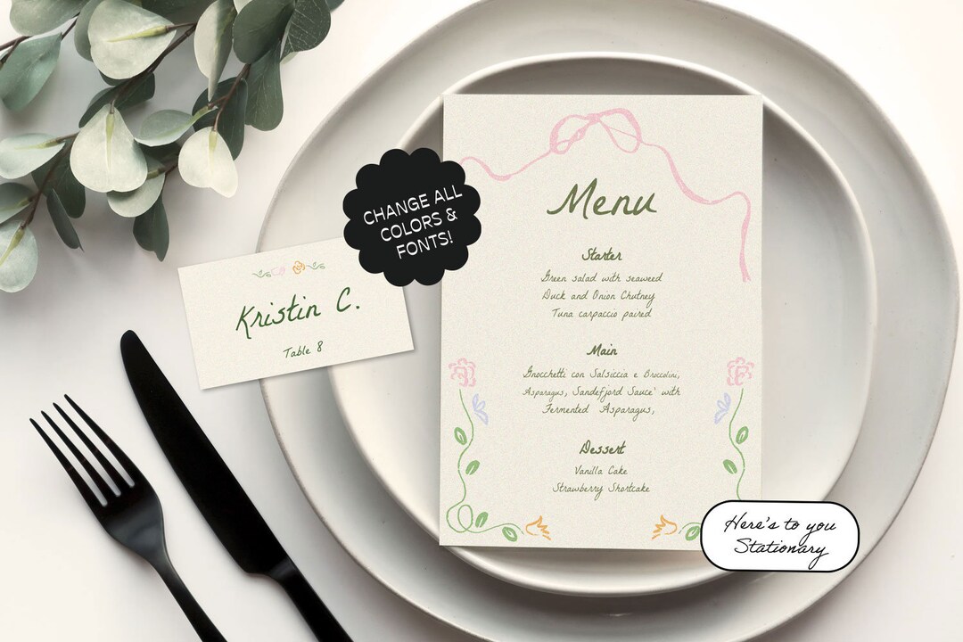 Hand Drawn Menu & Name Card Template, Floral, Ribbon, Spring Wedding ...