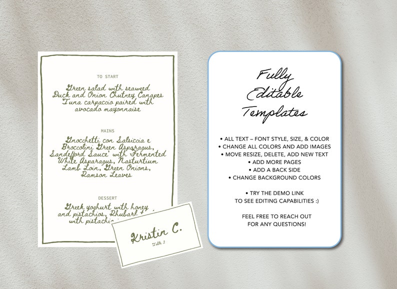 Editable Hand Painted Menu + Name Card Template, Colorful Menu, Hand ...
