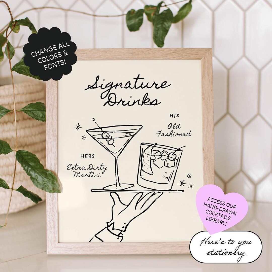 Signature Drinks Sign Template, Custom Cocktails, Bar Sign, Hand Drawn ...