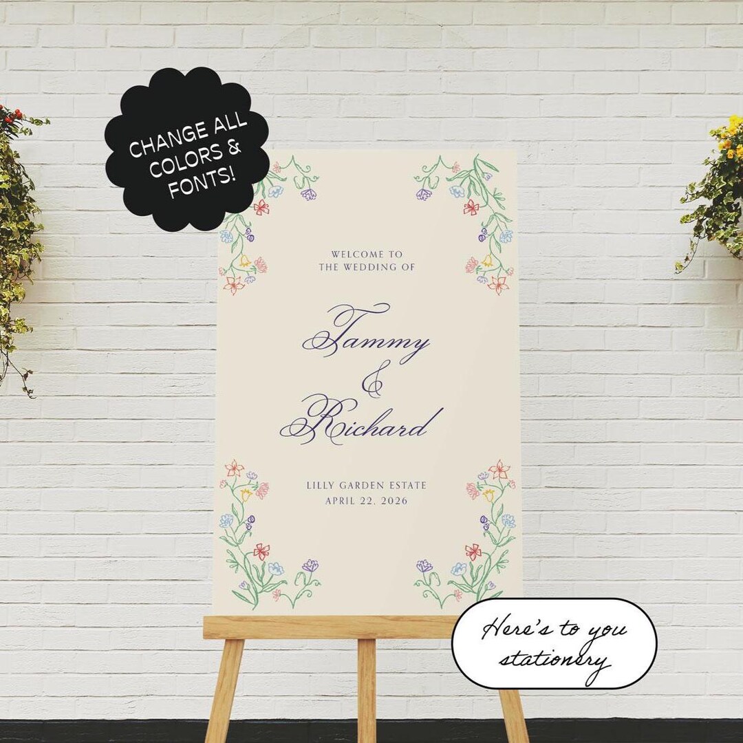 Welcome Sign Template, Event Sign, Hand Drawn, Florals, Garden Party ...