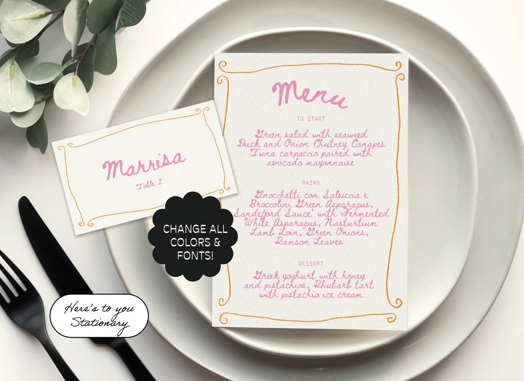 Editable Hand Painted Menu + Name Card Template, Colorful Handwritten ...