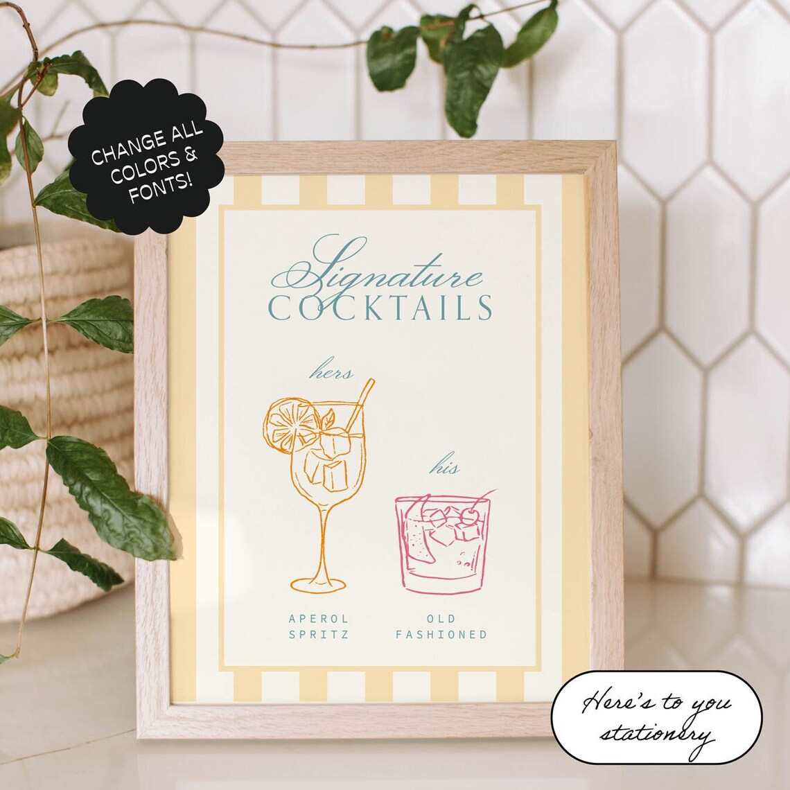 Signature Drinks Sign Template, Custom Cocktails, Pinstripes, Hand ...