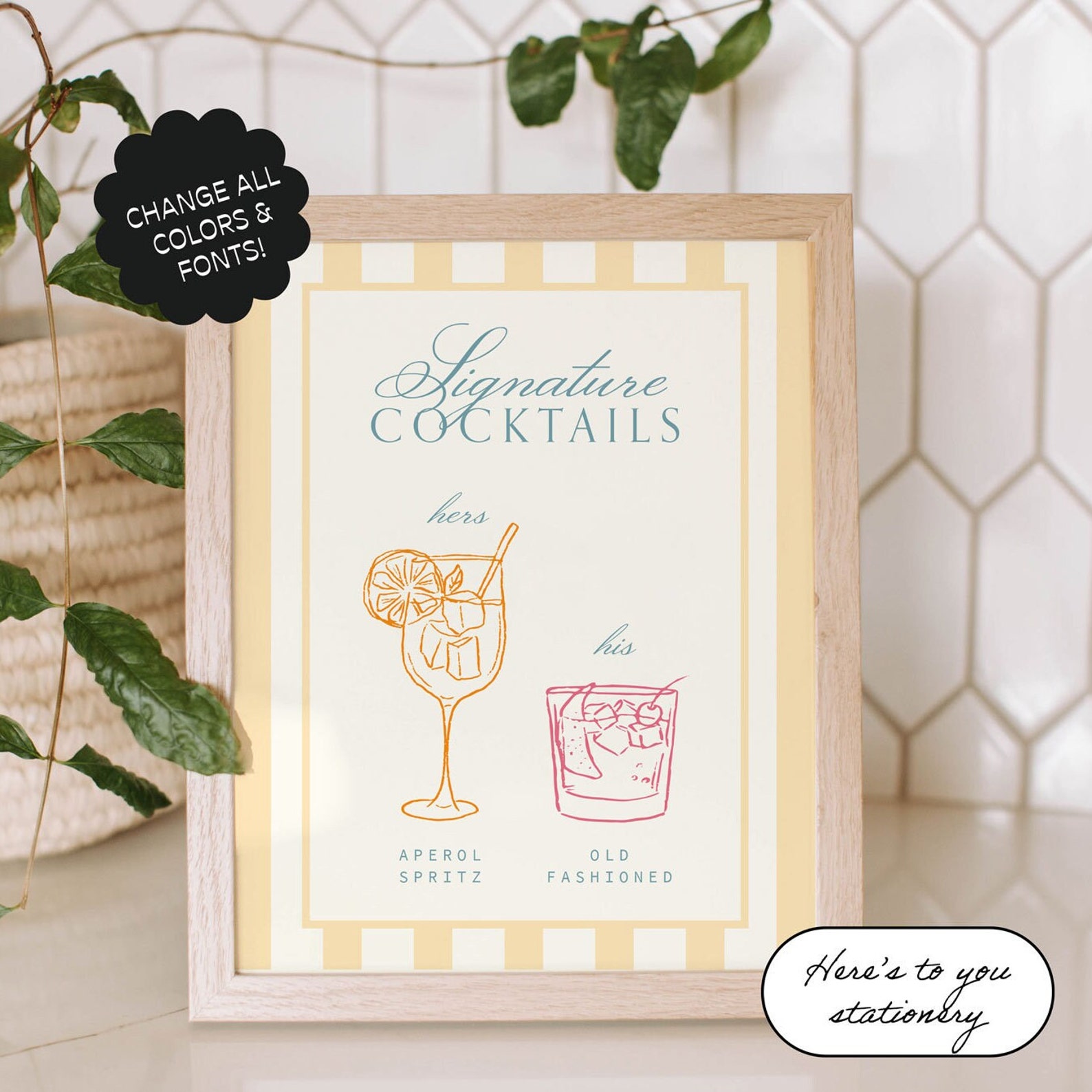 Signature Drinks Sign Template, Custom Cocktails, Pinstripes, Hand ...