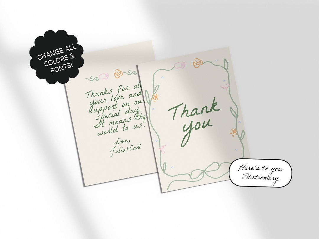 Thank You Card Template, Floral Hand Drawn, Ribbon, Handwritten Fonts ...