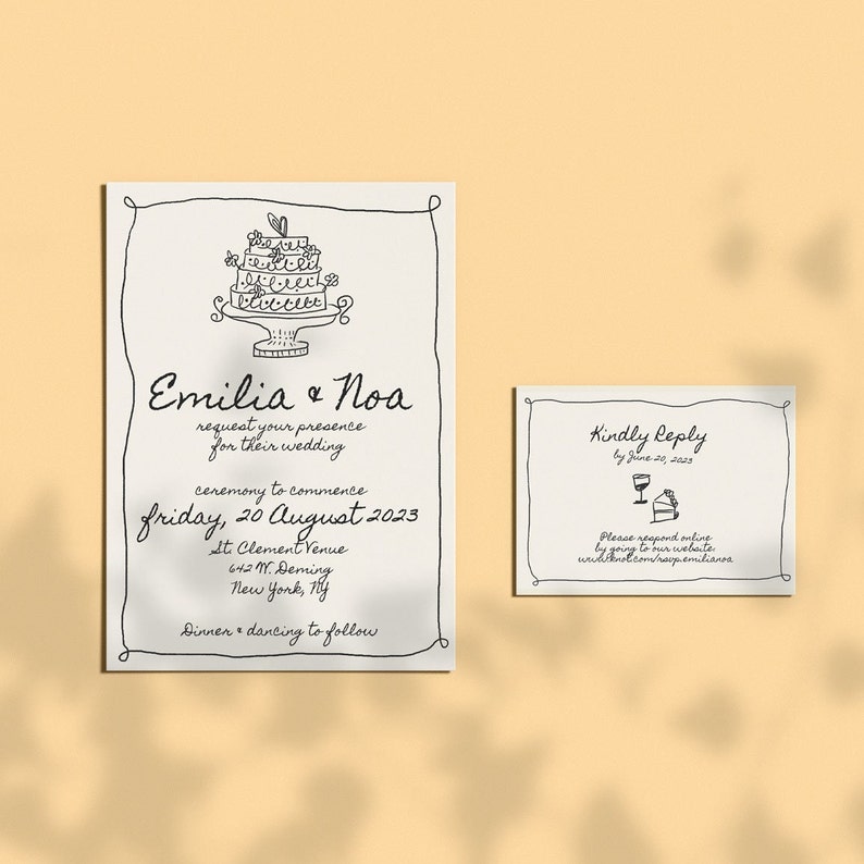 Editable Hand Drawn Party Invitation Set, French Vintage Style Scribble ...