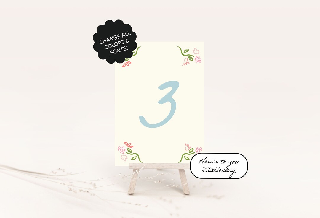 Floral Table Number Template, Hand Drawn Table Placement, Ribbon ...