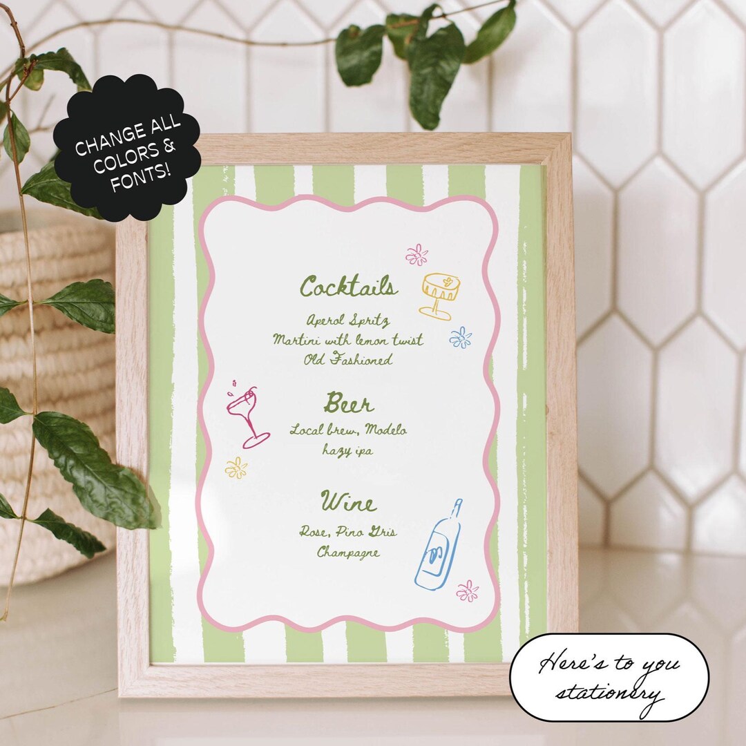 Wavy Bar Menu Template, Hand Drawn Watercolor, Printable Bar Sign ...