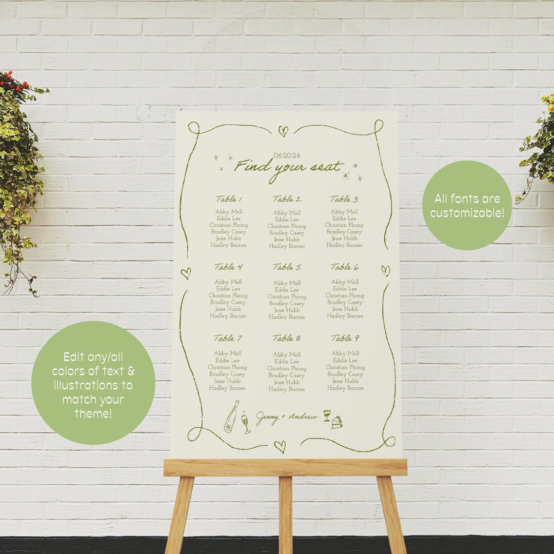 Seating Chart Template, Colorful, Whimsical, Quirky, Doodle Art, Hand ...