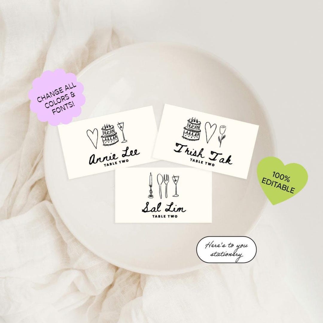 Name Card Template, Name Tags, Colorful, Hand Drawn Wedding on the Day ...