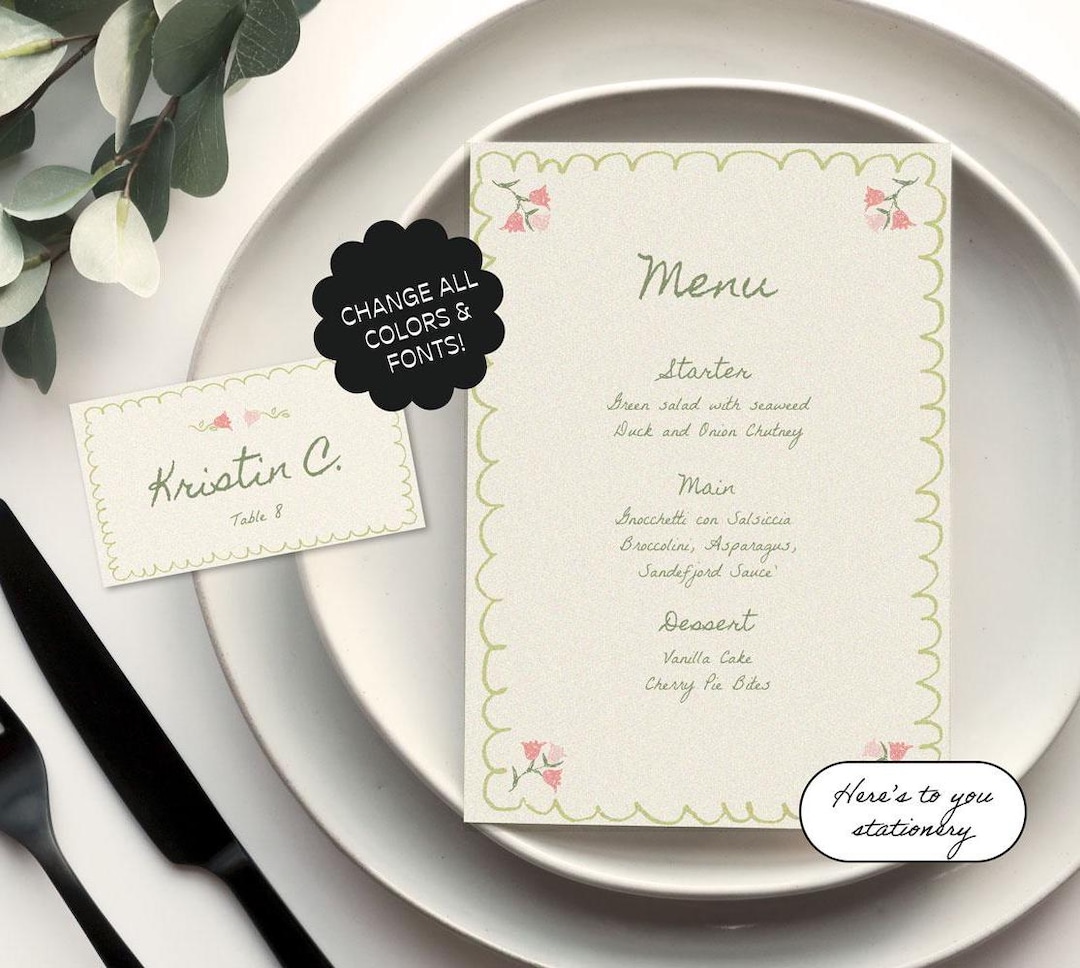 Editable Hand Drawn Menu + Name Card Template, Quirky Floral, Colorful ...