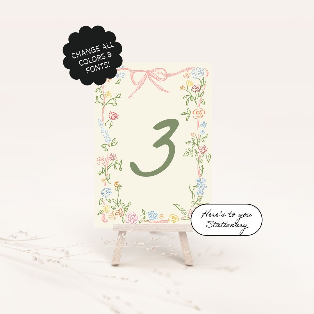Floral Table Number Template, Hand Drawn Table Placement, Ribbon ...