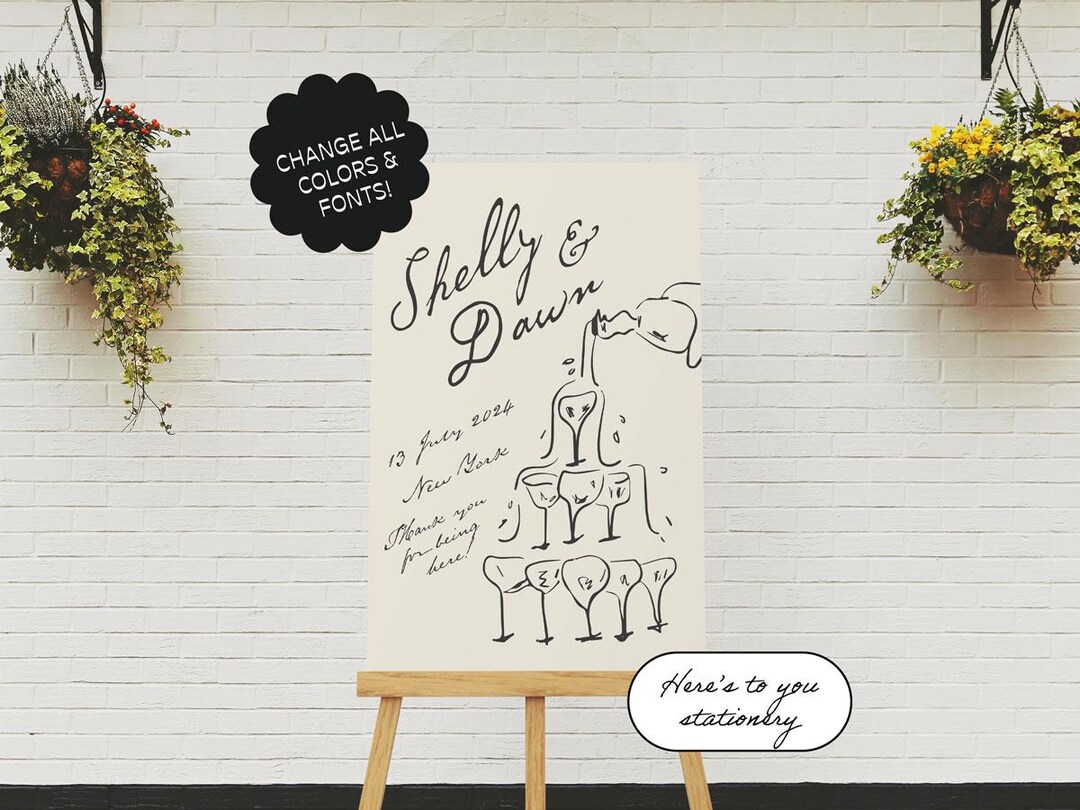 Hand Drawn Wedding Welcome Sign Template, Old Money Champagne Tower ...