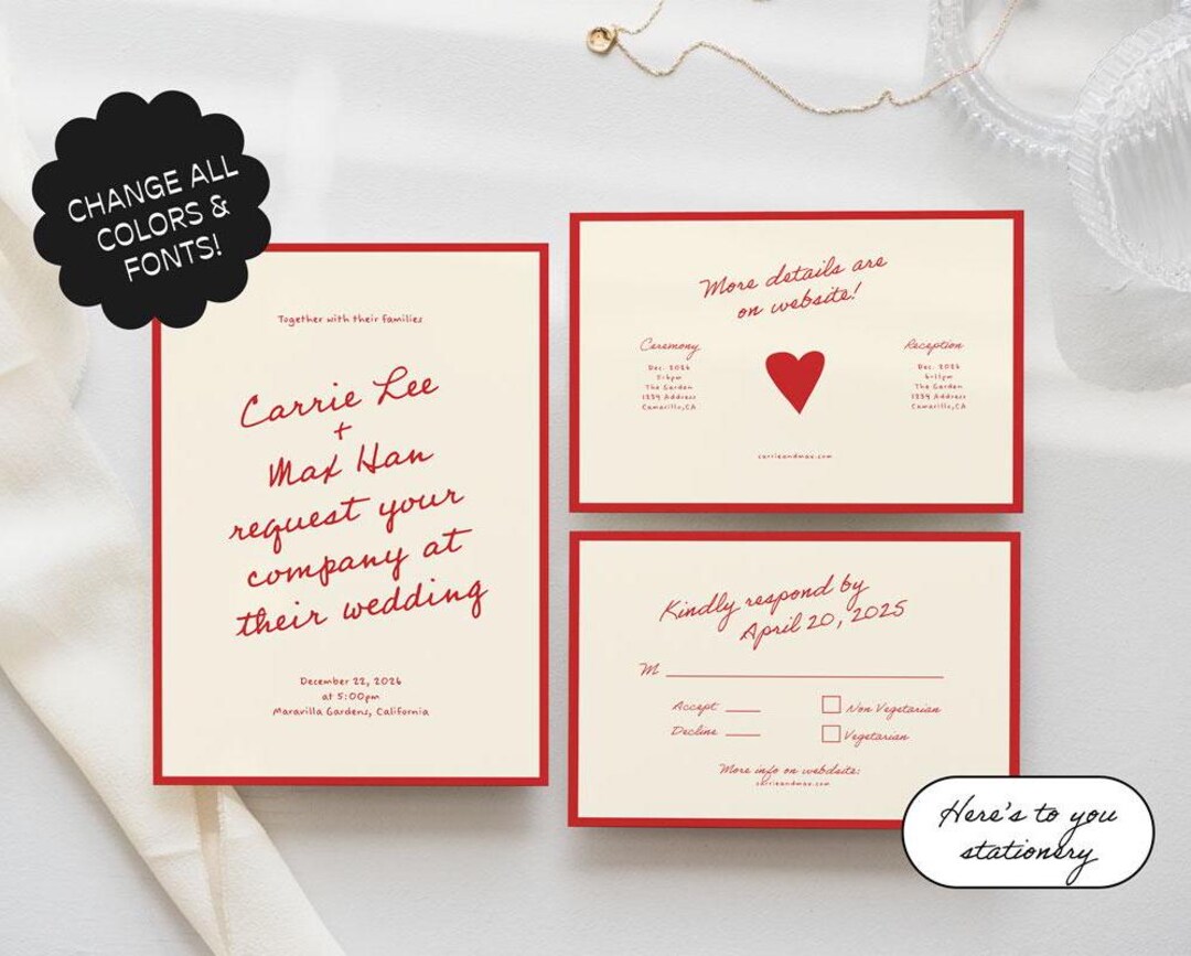 Wedding Invitation Suite Template, Hand Drawn, Heart Doodles, Red ...