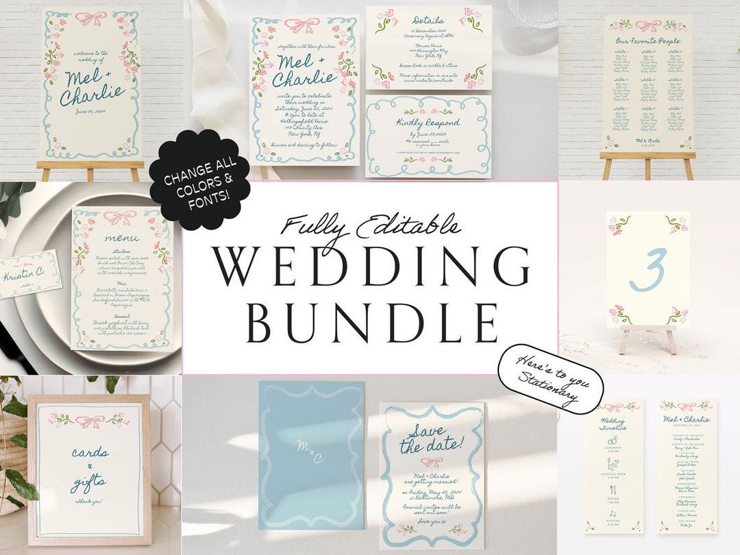 WEDDING BUNDLE Printable Templates, Hand Drawn Handwritten Whimsical ...