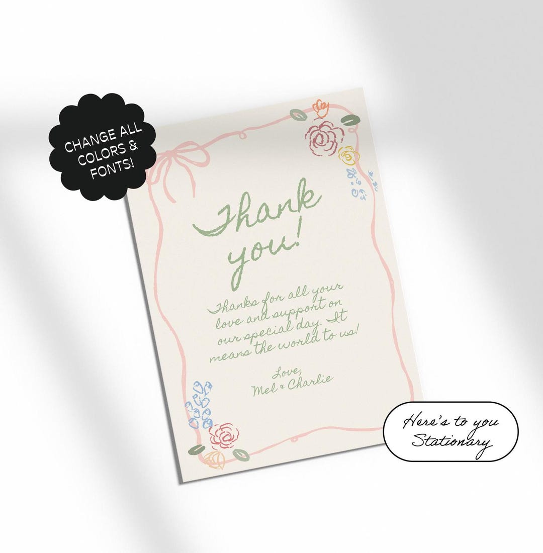 Thank You Card Template, Floral Hand Drawn, Ribbon, Handwritten, Garden ...
