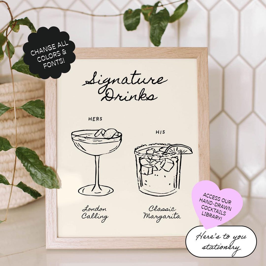 SIGNATURE DRINKS SIGN Template, Hand Drawn Cocktails, Quirky Bar Sign ...