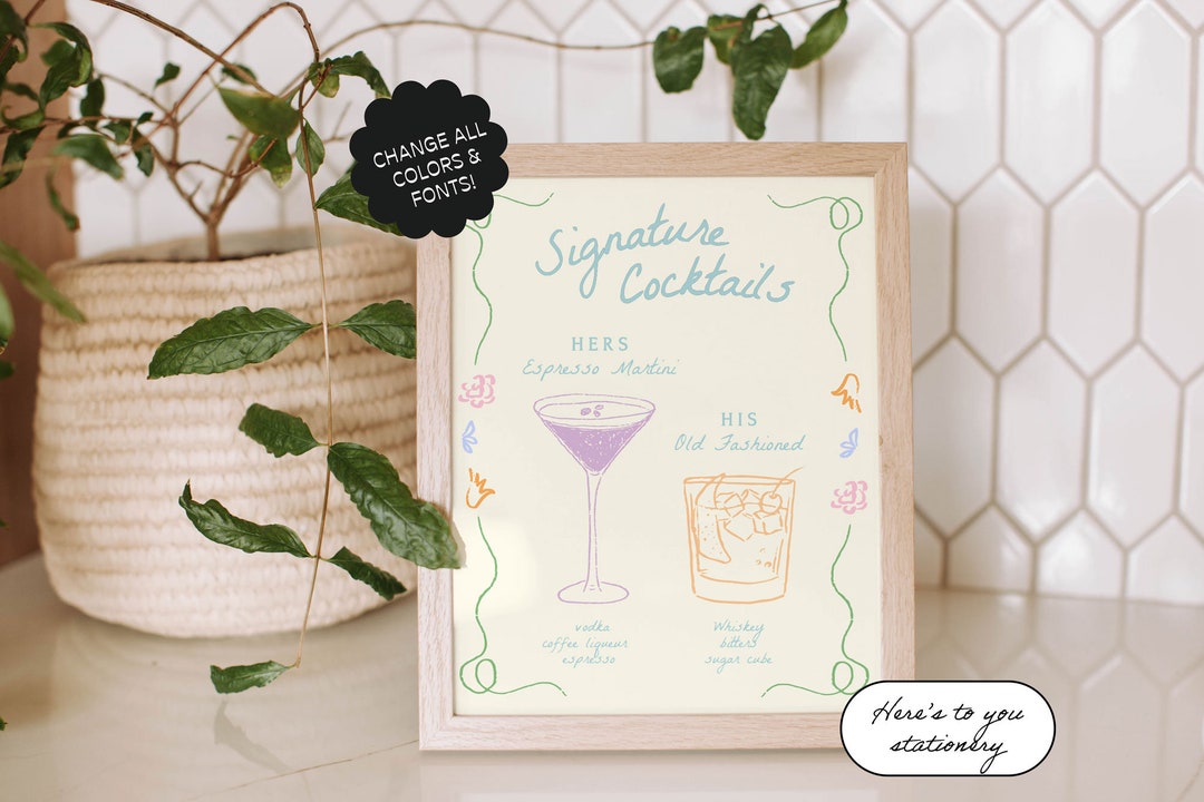 Signature Drinks Sign Template, Custom Cocktails, Hand Drawn ...
