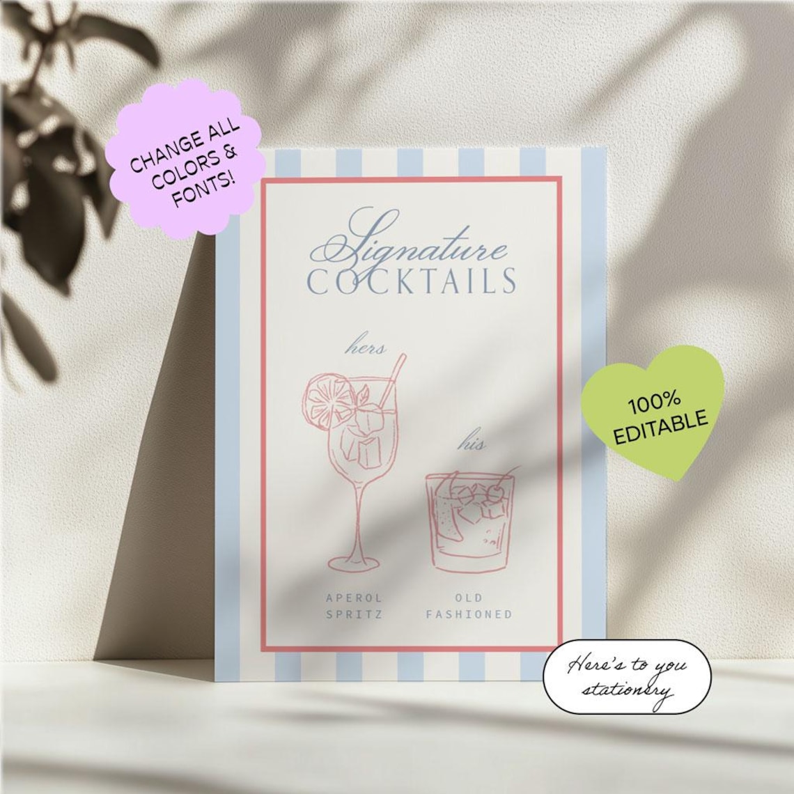 Signature Drinks Sign Template, Custom Cocktails, Pinstripes, Hand ...