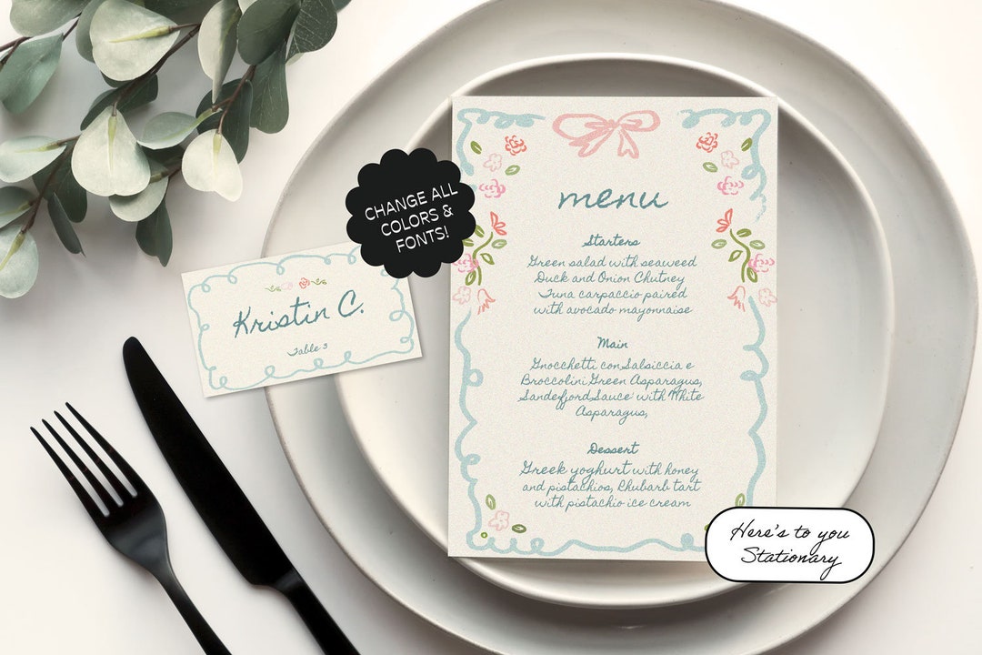 Editable Hand Drawn Menu Name Card Template, Colorful Floral Border ...