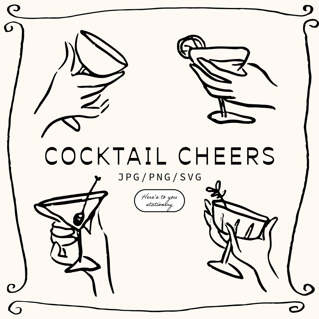 Cocktail Cheers Illustration Doodle Bundle, Hands Cheersing, Clip Art ...