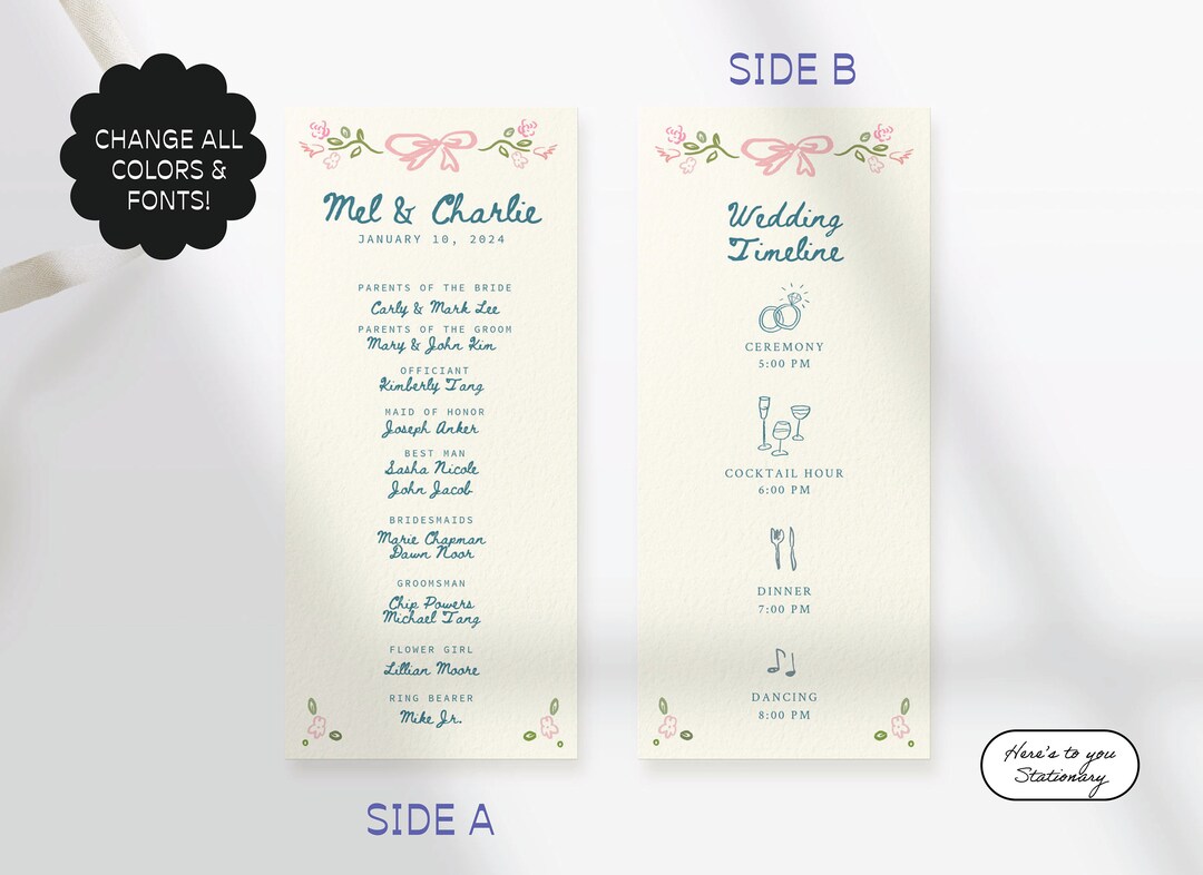 Floral Wedding Wedding Program Template, Hand Drawn, Ribbon ...