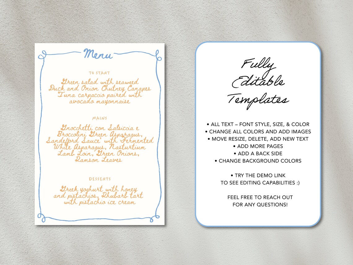 Editable Hand Painted Menu + Name Card Template, Colorful Handwritten ...