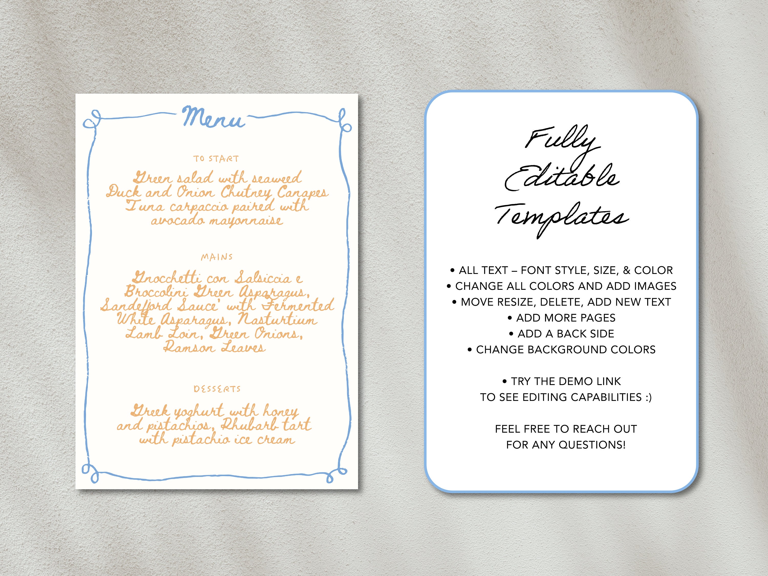 Editable Hand Painted Menu Name Card Template Colorful - Etsy Australia