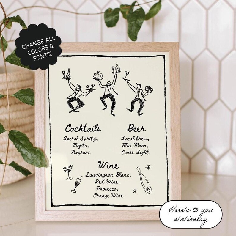 Bar Menu Template, Cocktail Bar, Wedding Menu, Butler Illustrations ...